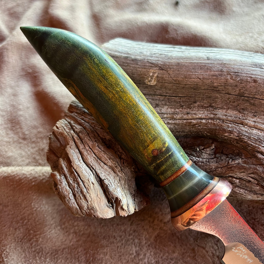 23-144 Stabilized Yellow and Green Dyed Karelian Burl Clip Point – McPherson Knives