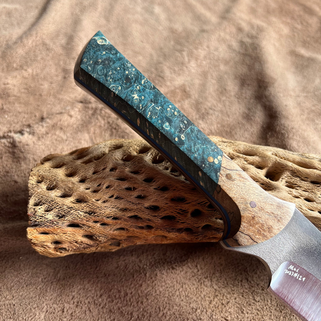 23-129 Spalted Maple Bolster and Stabilized Teal Maple Burl Extra Long – McPherson Knives