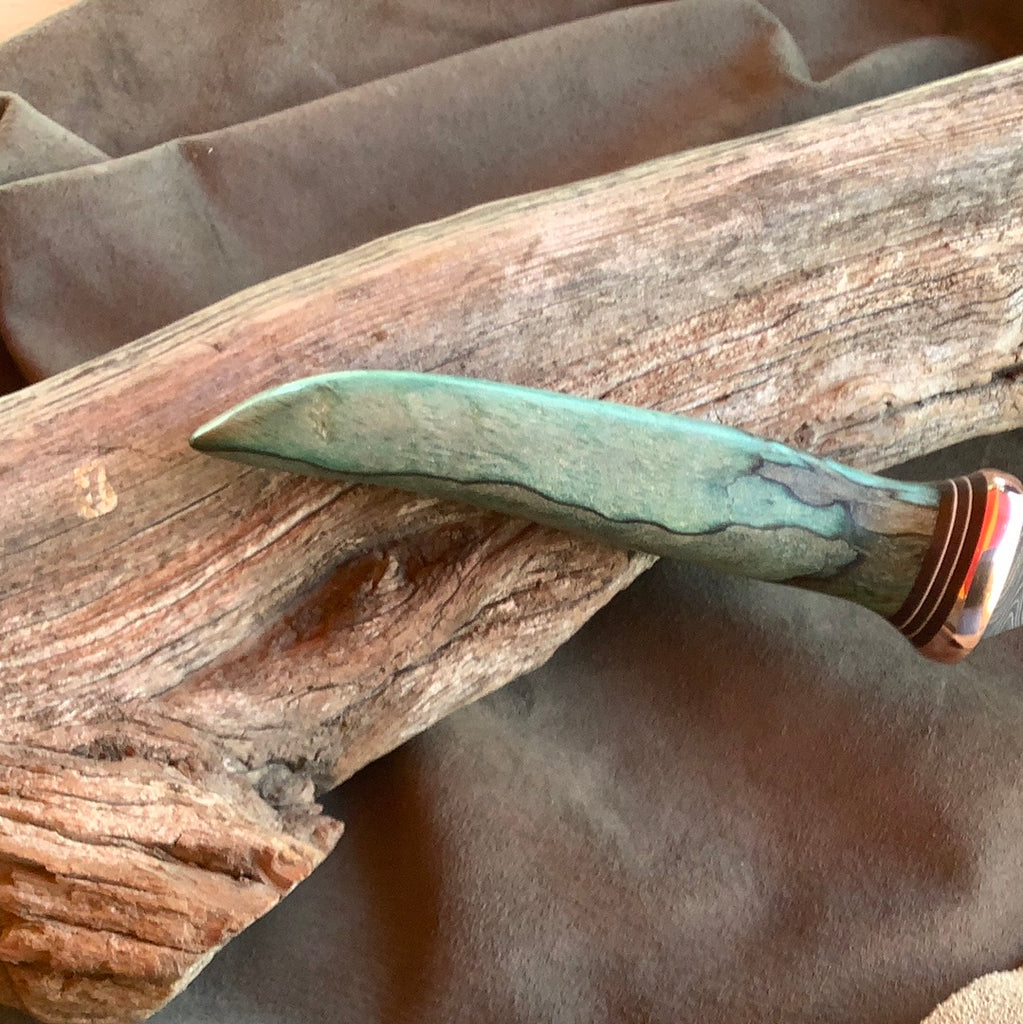 23-23 Stabilized Teal Dyed Maple burl Brown Paper Micarta with 2 white – McPherson Knives