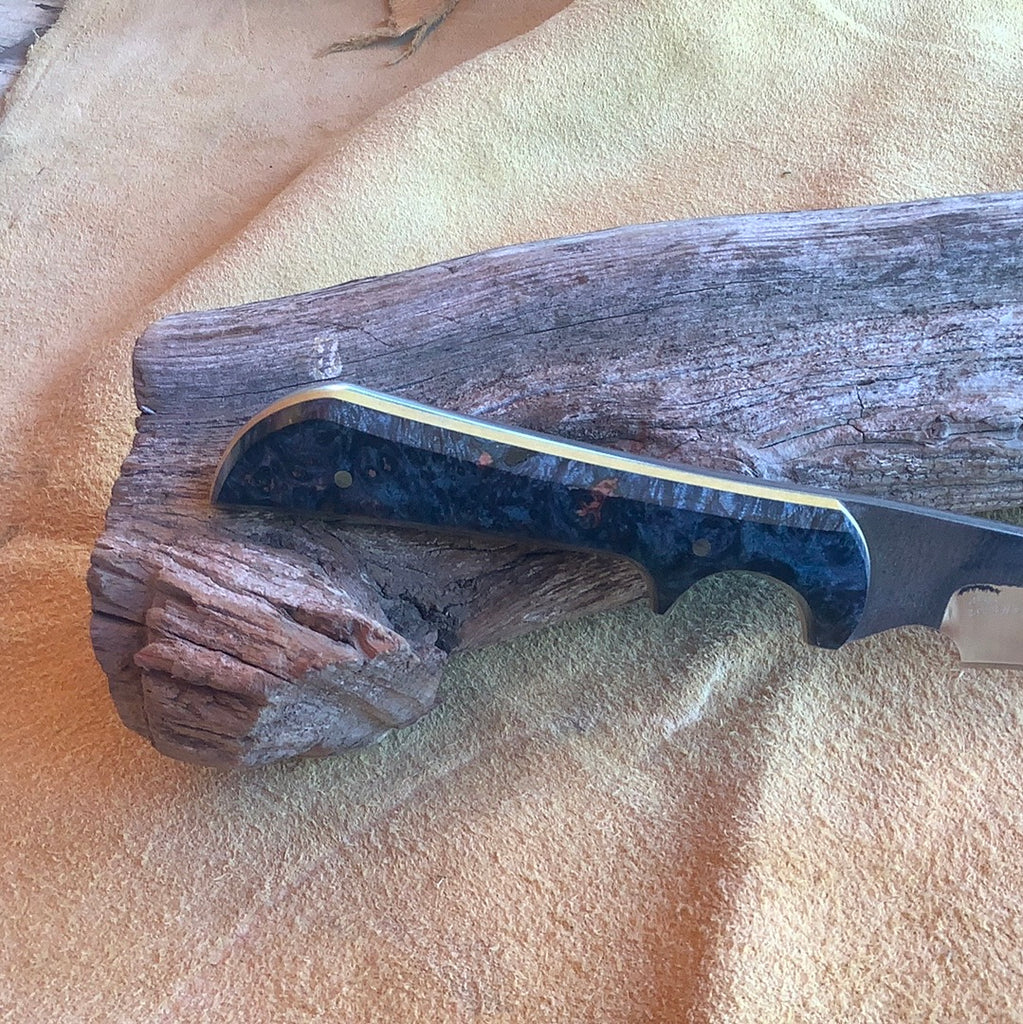 23-58 Stabilized Blue Dyed Maple Burl, Antique Micarta – McPherson Knives
