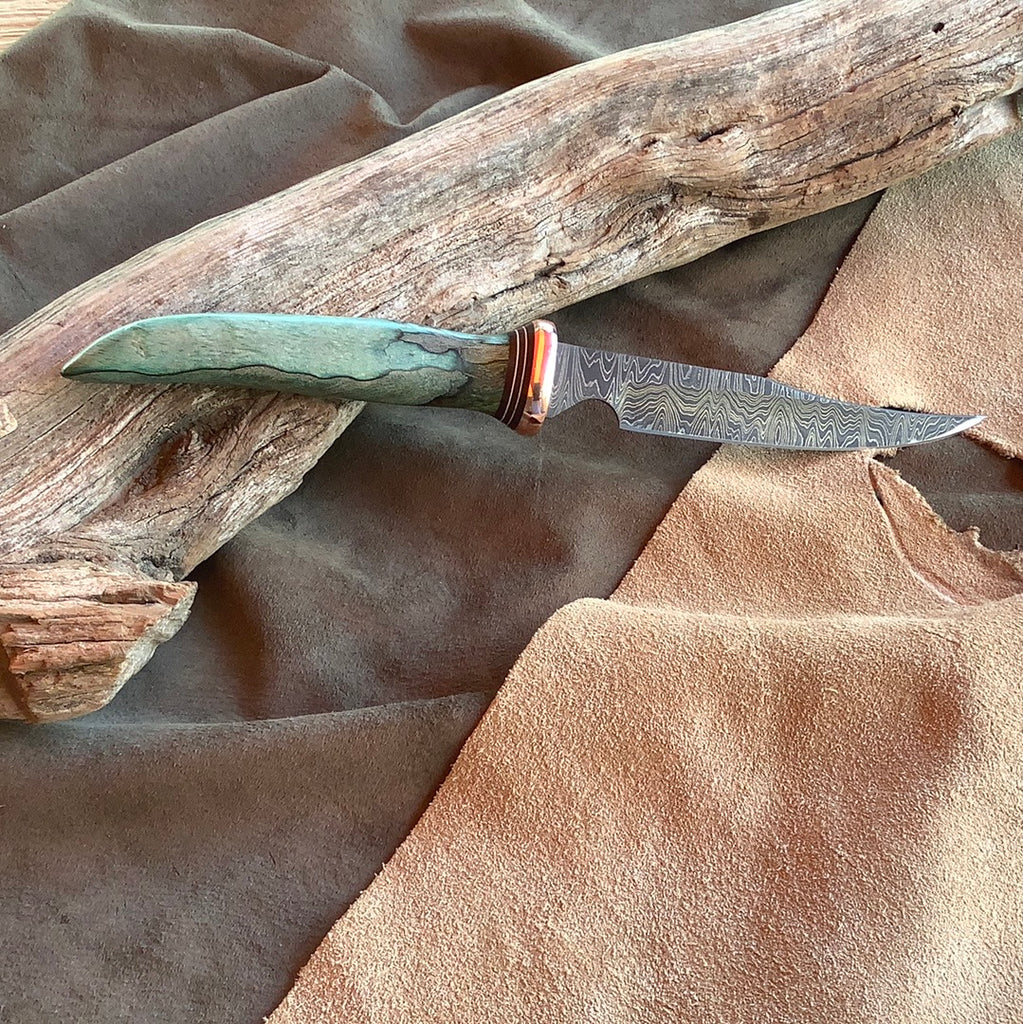 23-23 Stabilized Teal Dyed Maple burl Brown Paper Micarta with 2 white – McPherson Knives