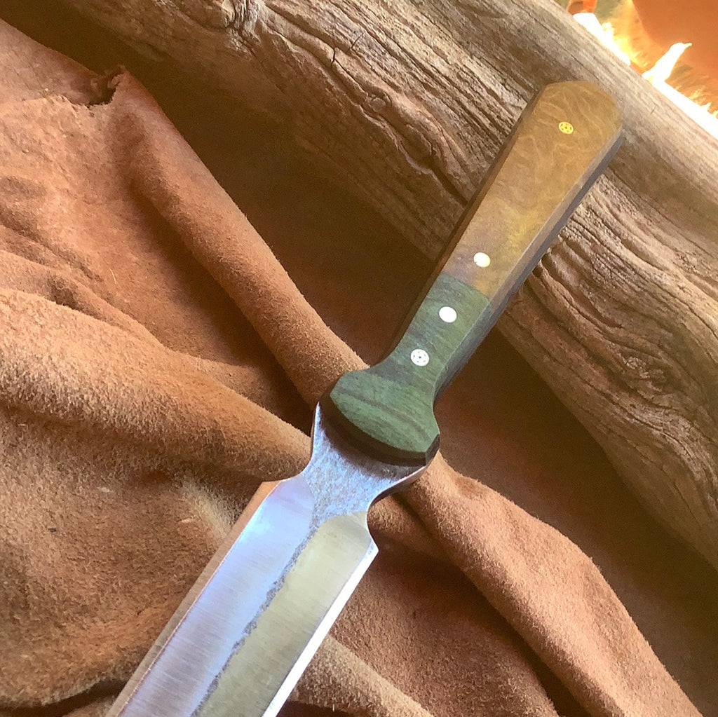 120-21 Stabilized Green Dyed Quilted Maple Bolster w/ Stabilized Yello – McPherson Knives